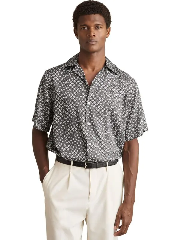 REISS Barella Geometric Wave Print Cuban Shirt - Black/white