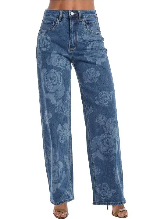 THE NOLI SHOP Noli Yoga Rose Print High Rise Relaxed Jean - Medium Blue
