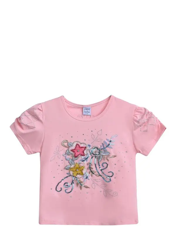 MIMI TUTU Flowers Applique T-shirt - Pink