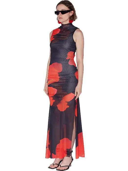 SAEMDI Floral Printed Mesh Dress - Red / Black Floral