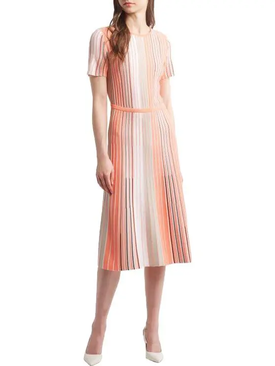 Ming Wang Multi Stripe Knit Fit & Flare Dress - Orange Burst/ Limestone Multi