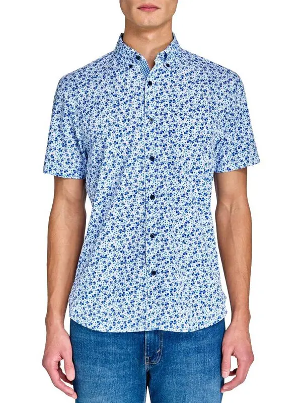 CON.STRUCT Slim Fit Blueberry Floral Recycled 4-way Stretch Performance Short Sleeve Shirt - White/navy