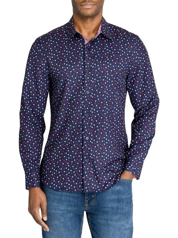 CON.STRUCT Slim Fit Mini Hearts Recycled 4-way Stretch Performance Long Sleeve Shirt - Navy/red