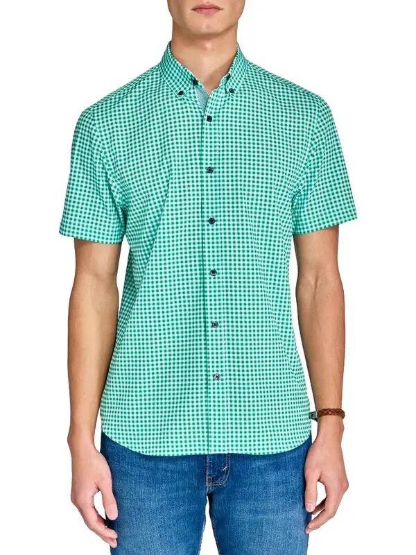 CON.STRUCT Slim Fit Mini Check Recycled 4-way Stretch Performance Short Sleeve Shirt - Green/white