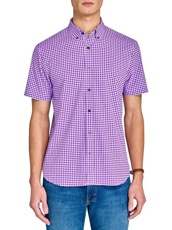 CON.STRUCT Slim Fit Mini Check Recycled 4-way Stretch Performance Short Sleeve Shirt - Lilac
