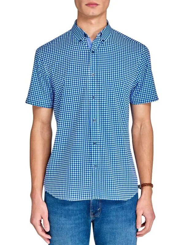 CON.STRUCT Slim Fit Mini Check Recycled 4-way Stretch Performance Short Sleeve Shirt - Navy