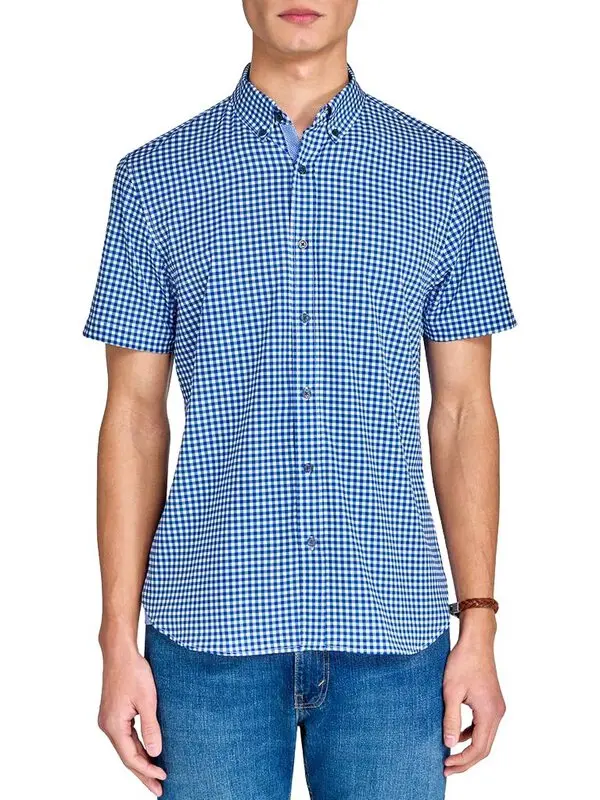 CON.STRUCT Slim Fit Mini Check Recycled 4-way Stretch Performance Short Sleeve Shirt - White/blue