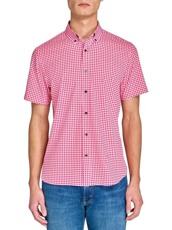 CON.STRUCT Slim Fit Mini Check Recycled 4-way Stretch Performance Short Sleeve Shirt - White/red