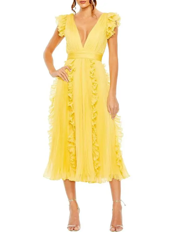 Mac Duggal Pleated Chiffon V-neck Midi Dress - Butter