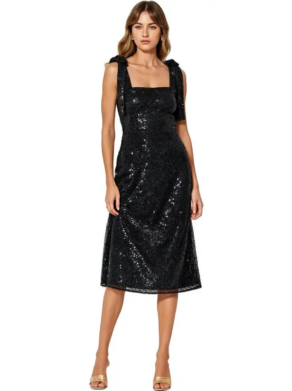 MODENAIRE Sequin Midi Dress With Tie Straps - Black Sequin