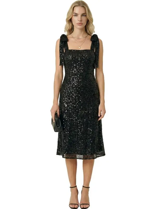 MODENAIRE Sequin Midi Dress With Tie Straps - Black Sequin