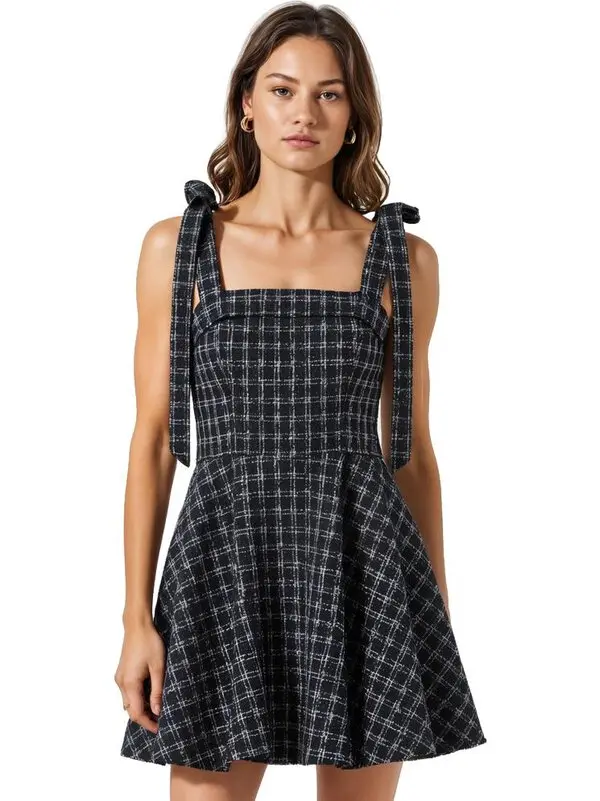 MODENAIRE Plaid Mini Dress With Tie-strap Shoulders - Black / White Plaid