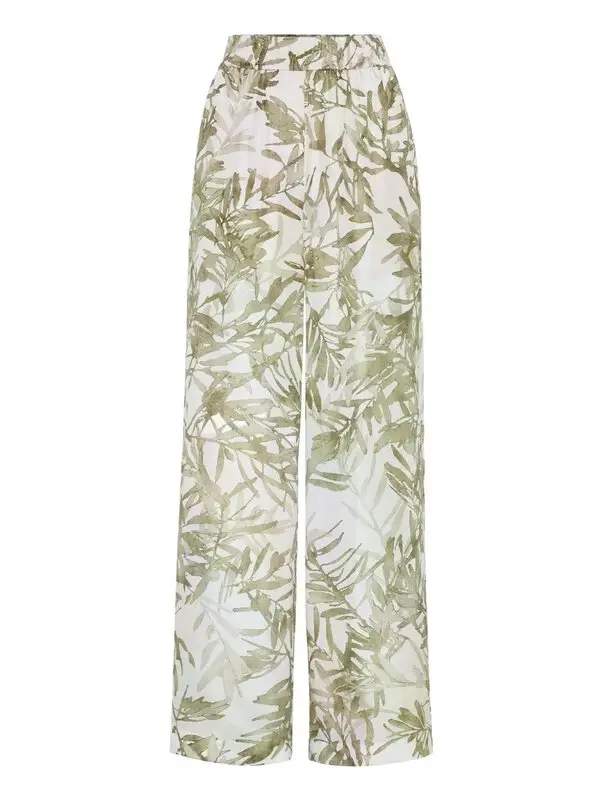 Brunello Cucinelli Leaf-print Wide Leg Trousers - Green