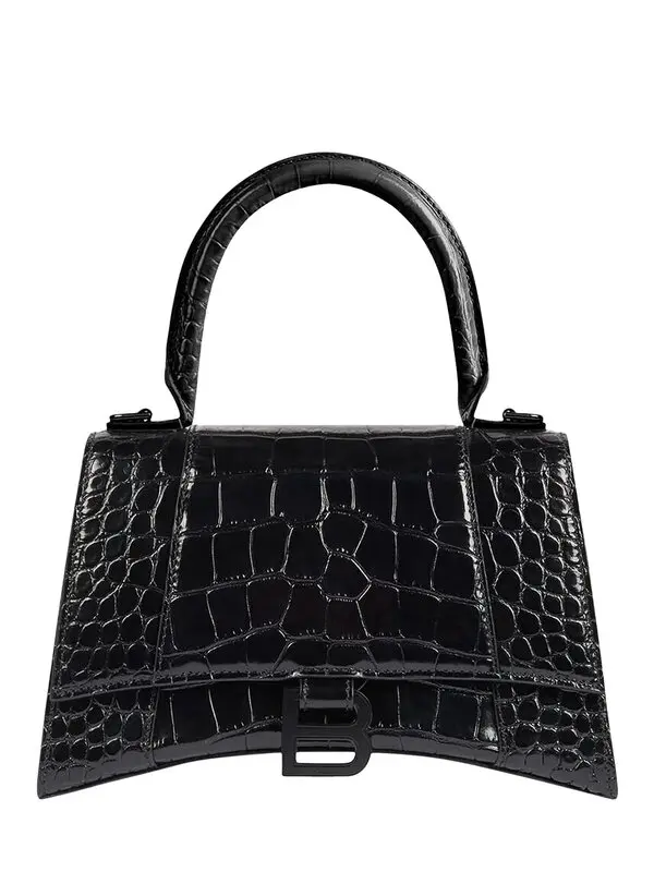 Balenciaga Hourglass Small Croc-embossed Top Handle Bag - Black