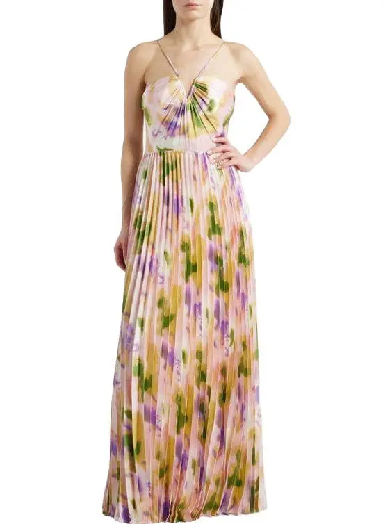 Lulus Cassia Floral Pleated Satin Gown - Pink Multi