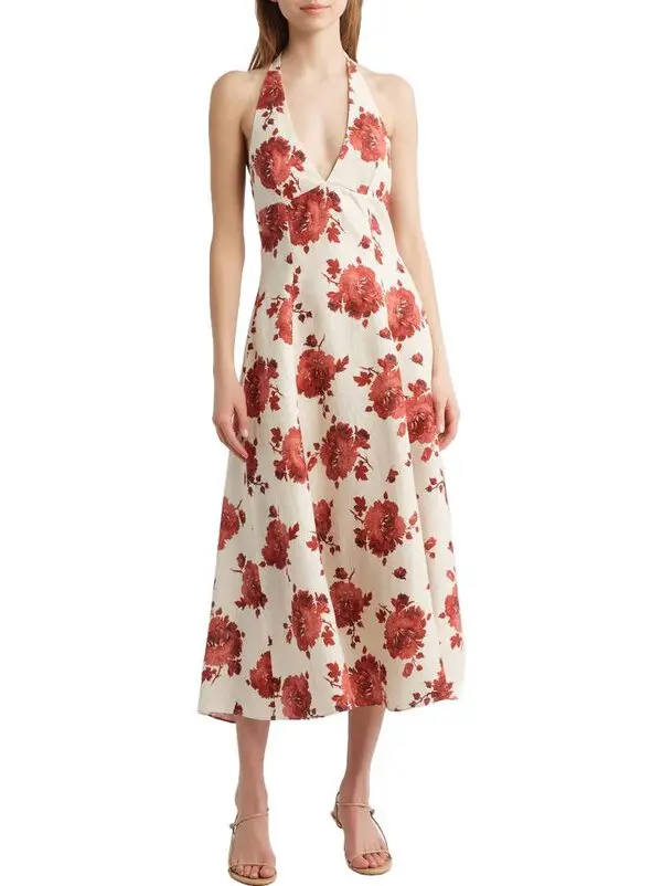 Faithfull The Brand Marais Halter Midi Dress - Cecile Floral - Garnet