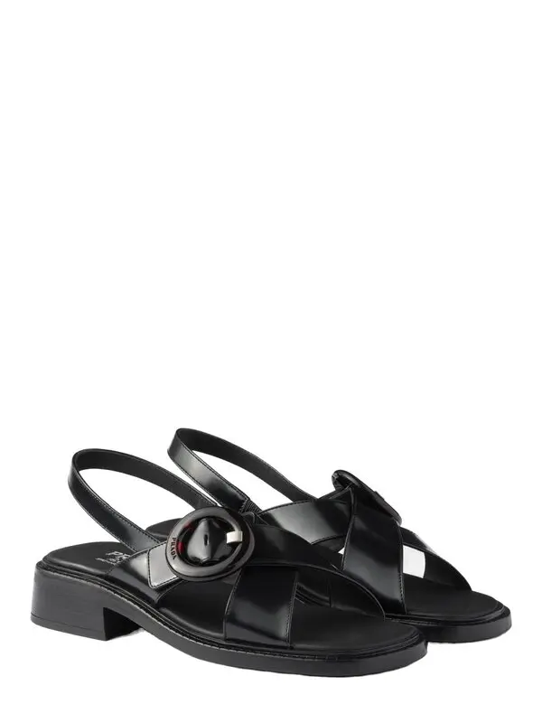 Prada Brushed Leather Buckle Sandals - Black