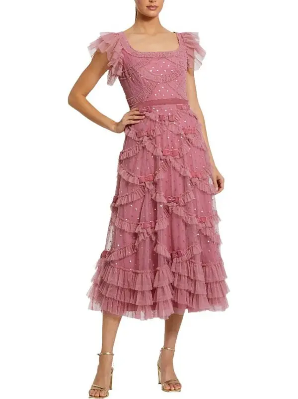 Mac Duggal Sequin Ruffle Midi Dress - Antique Rose