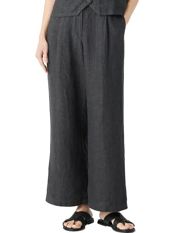 Eileen Fisher Washed Linen Delave Pleated Wide Leg Pants - Graphite