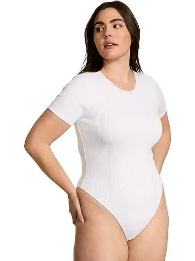 Victoria's Secret Pointelle Modal Short-sleeve Bodysuit - White,ivory
