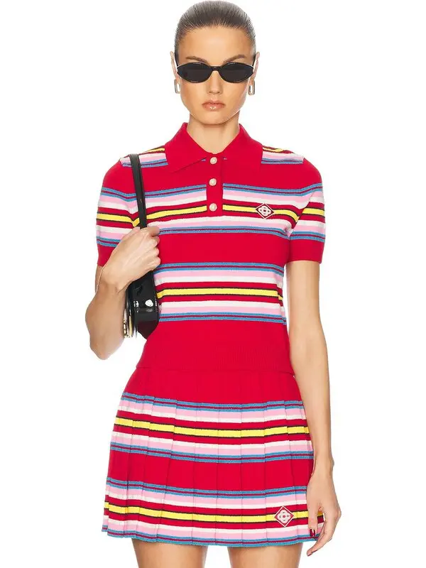 Casablanca Striped Knit Polo Top - Multi Dark Red