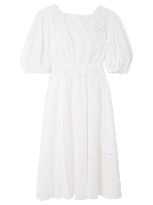 Carolina Herrera Pleated Broderie Anglaise Cotton Midi Dress - White