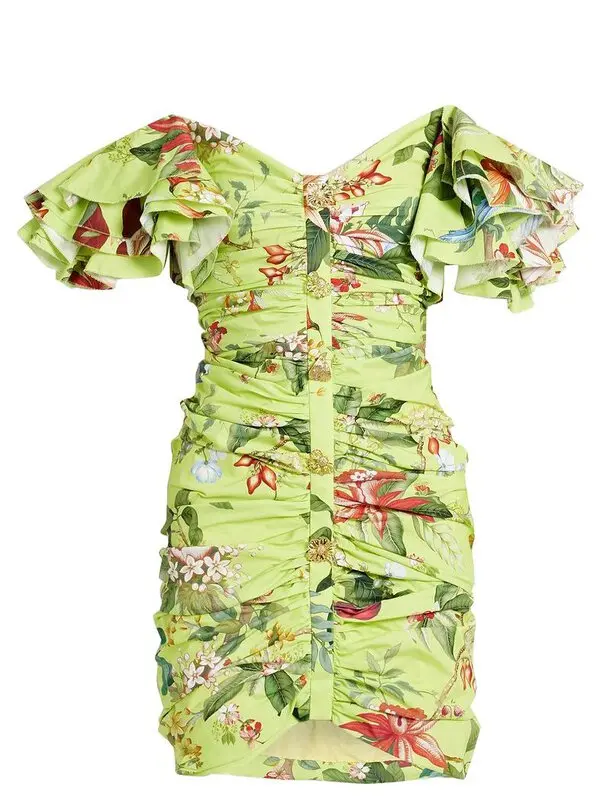 Oscar De La Renta Ruffled Floral-print Mini Dress - Lime Green