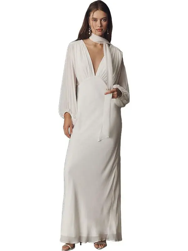 Shona Joy Lira Balloon-sleeve Plunge V-neck Maxi Dress - Ivory