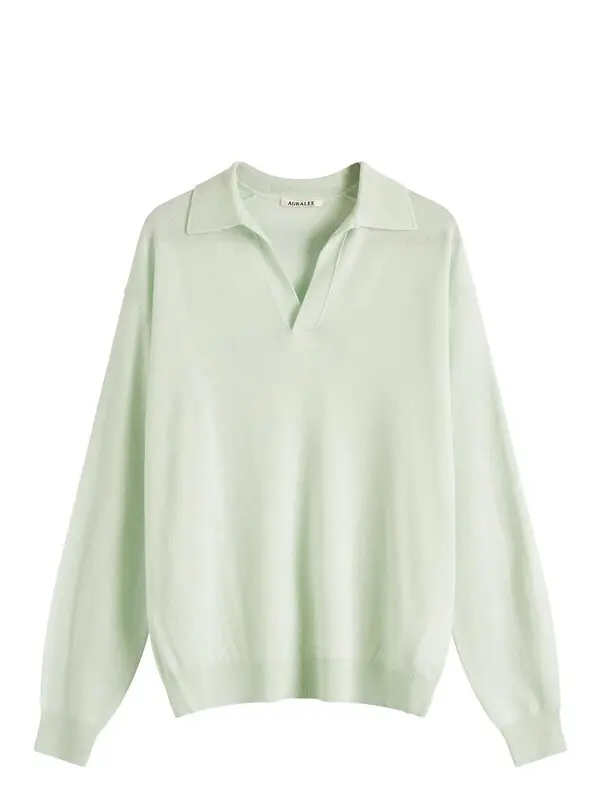 Auralee Cashmere Silk Knit Skipper Polo - White Green