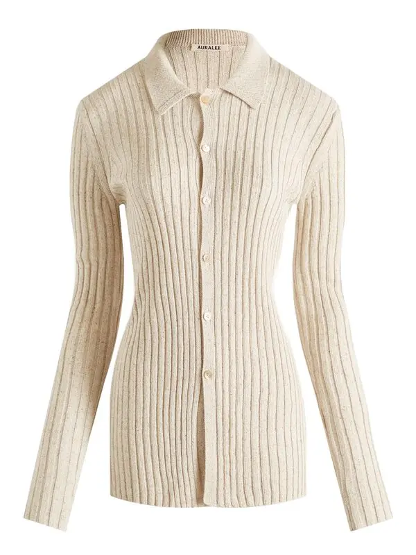 Auralee Rib Knit Shirt Cardigan - Top Ivory Beige