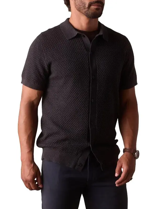 THE NORMAL BRAND Robles Jacquard Knit Short Sleeve Button-up Shirt - Charcoal