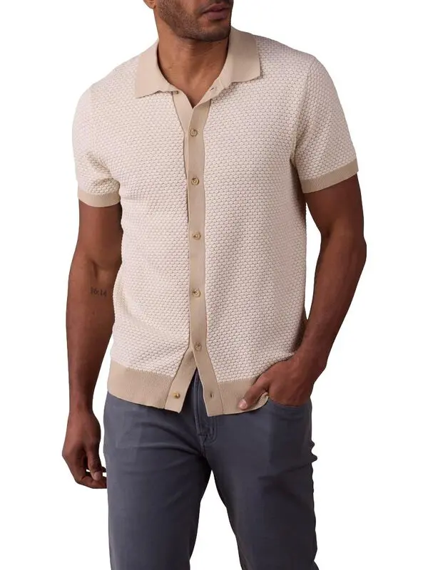 THE NORMAL BRAND Robles Jacquard Knit Short Sleeve Button-up Shirt - Ivory/ Khaki