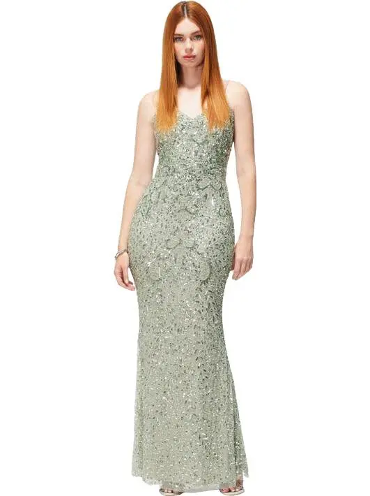 BEAUUT Embellished Sequin Beaded Evening Dress - Sage Green