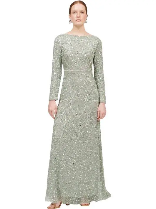 MARYISA Occasion Embellished Sequin Beaded A-line Gown - Sage Green
