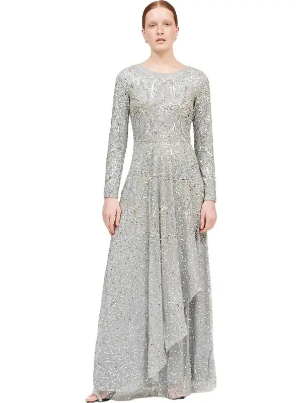 MARYISA Occasion Modest Embellished Sequin Beaded Floral Overlap Evening Gown - Light Grey
