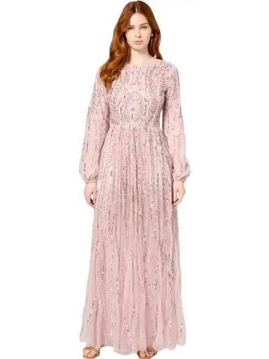 MARYISA Embellished Beaded A-line Maxi Dress - Frosted Pink