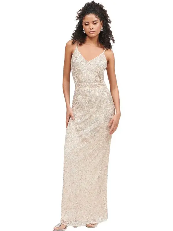 BEAUUT Embellished Sequin Beaded V-neck Maxi Dress - Cream