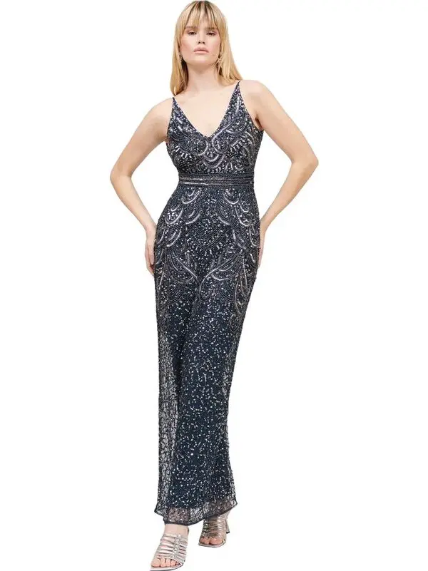 BEAUUT Embellished Sequin Beaded V Neck Gown - Navy