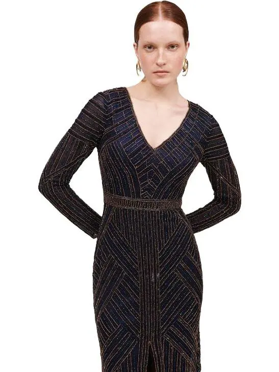 BEAUUT Embellished Sequin Beaded V-neck Maxi Dress - Navy