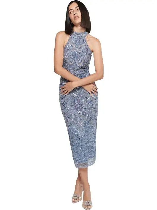 BEAUUT Occasion Embellished Sequin Beaded Halter Neck Midi Dress - Powder Blue