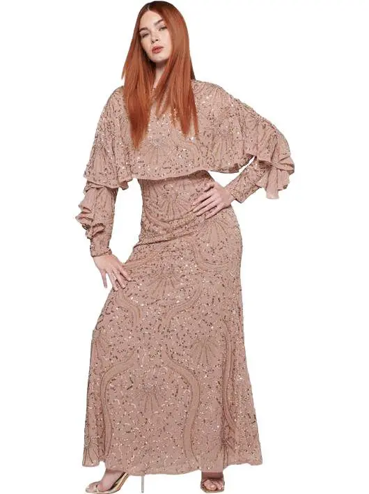 MARYISA Occasion Embellished Beaded Evening Maxi Dress - Taupe Blush