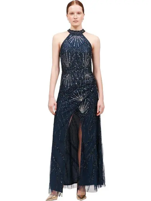 BEAUUT Occasion Embellished Sequin Beaded Halter Neck Maxi Dress - Navy