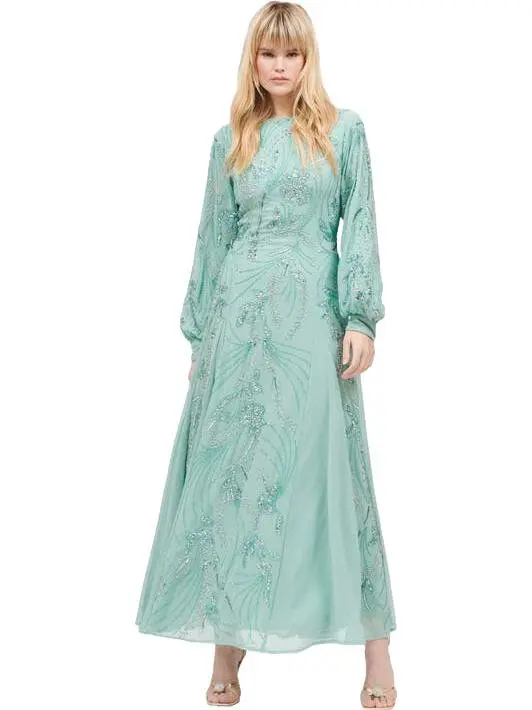 MARYISA Embellished Boat Neck Maxi Dress - Misty Green