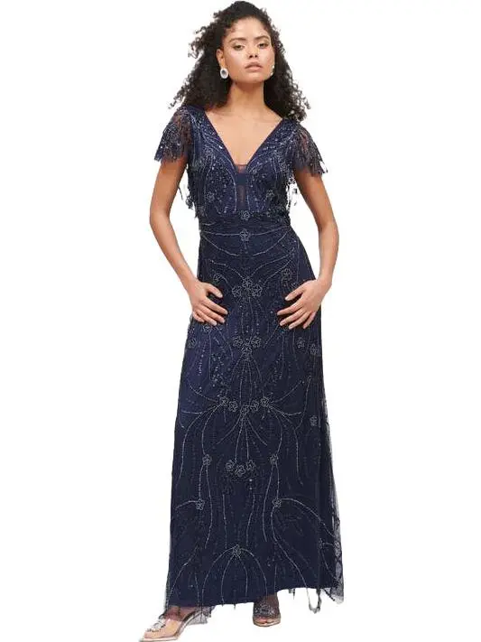 BEAUUT Occasion Embellished Sequin Beaded Deep V Neck Evening Maxi Dress - Mid Night Blue
