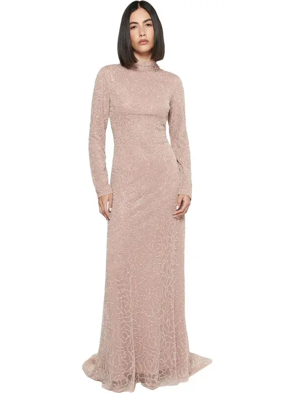 MARYISA Embellished High Neck Evening Dress - Taupe Blush