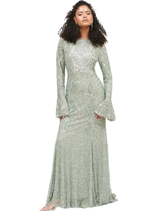 MARYISA Embellished Beaded Maxi Dress - Sage Green