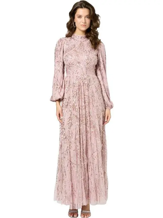 MARYISA Embellished High Neck Maxi Dress - Frosted Pink