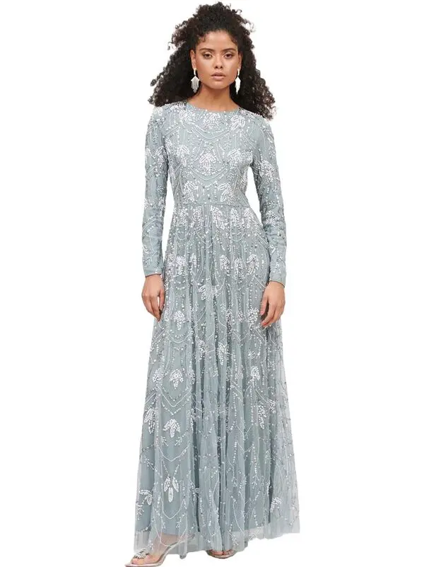 MARYISA Occasion Embellished Evening Maxi Dress - Misty Grey