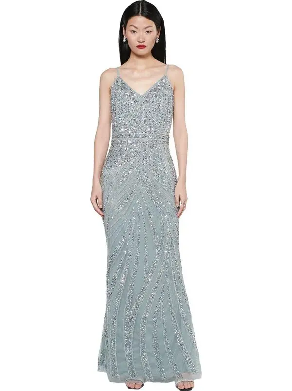 BEAUUT Occasion Embellished Sequin Beaded Strap Evening Dress - Misty Grey