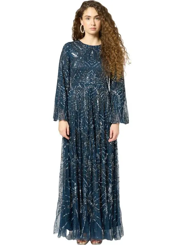 MARYISA Embellished Beaded Floral Maxi Dress - Navy